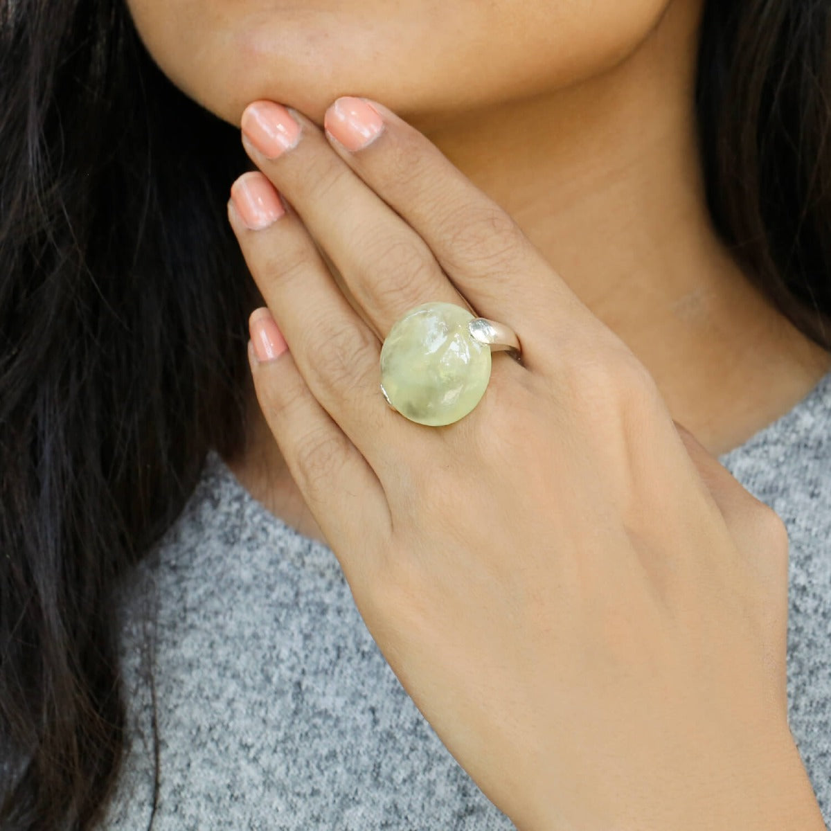 Colossal Round Prehnite Silver 952 Ring